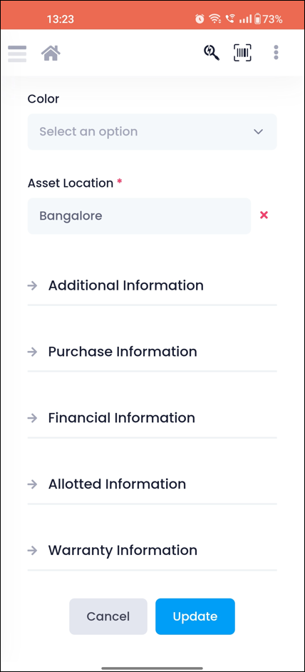 Updating the asset code using mobile app Updating the asset code using mobile app